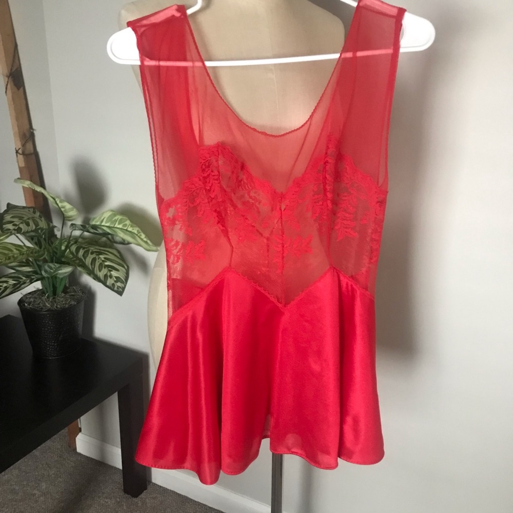 Vintage Val Mode Red Short Sheer With Lace Lingerie S… - Gem